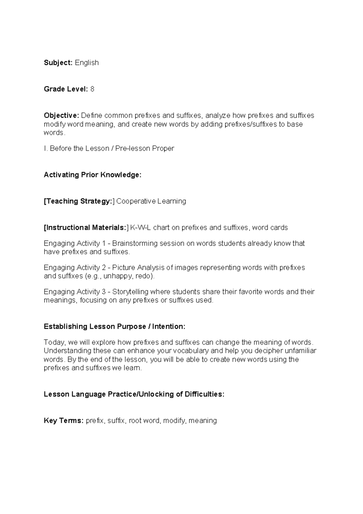 Grade 8 English Lesson Plan: Understanding Prefixes & Suffixes - Studocu