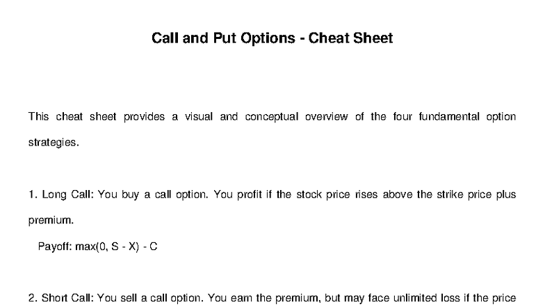 Call and Put Options Strategies Cheat Sheet - Studocu