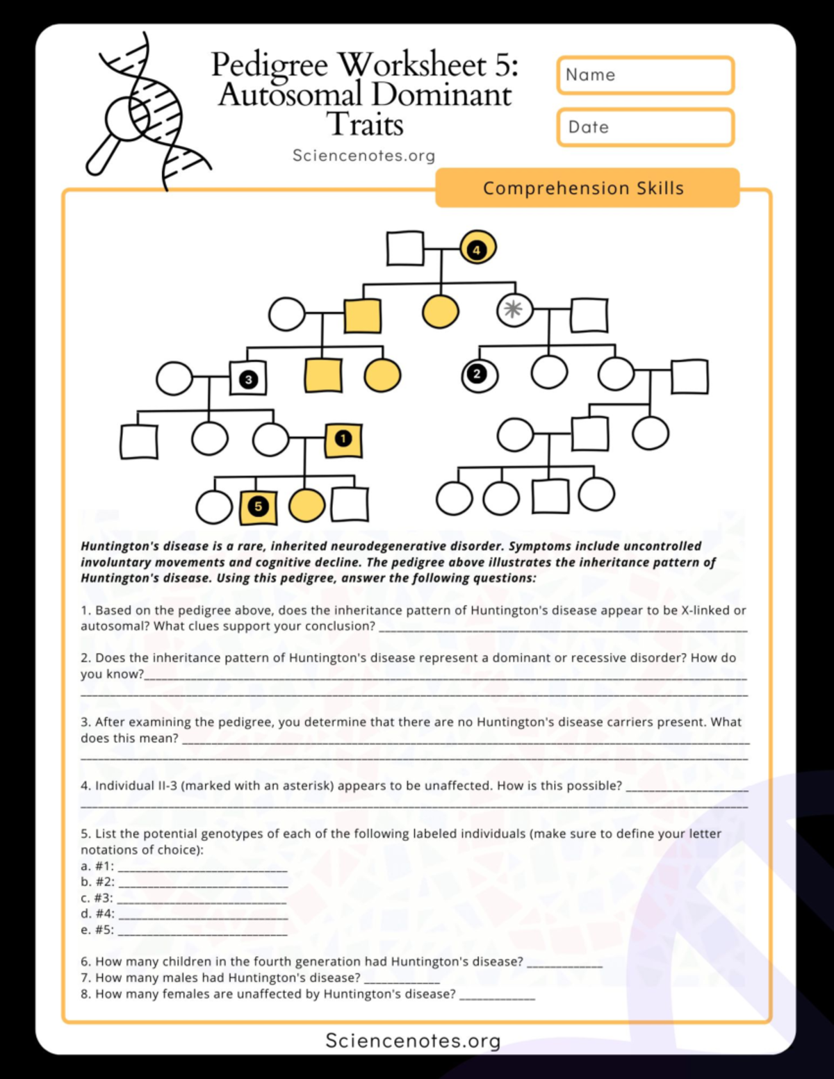 Pedigree Worksheet 5: Autosomal Dominant Traits Analysis & Questions ...