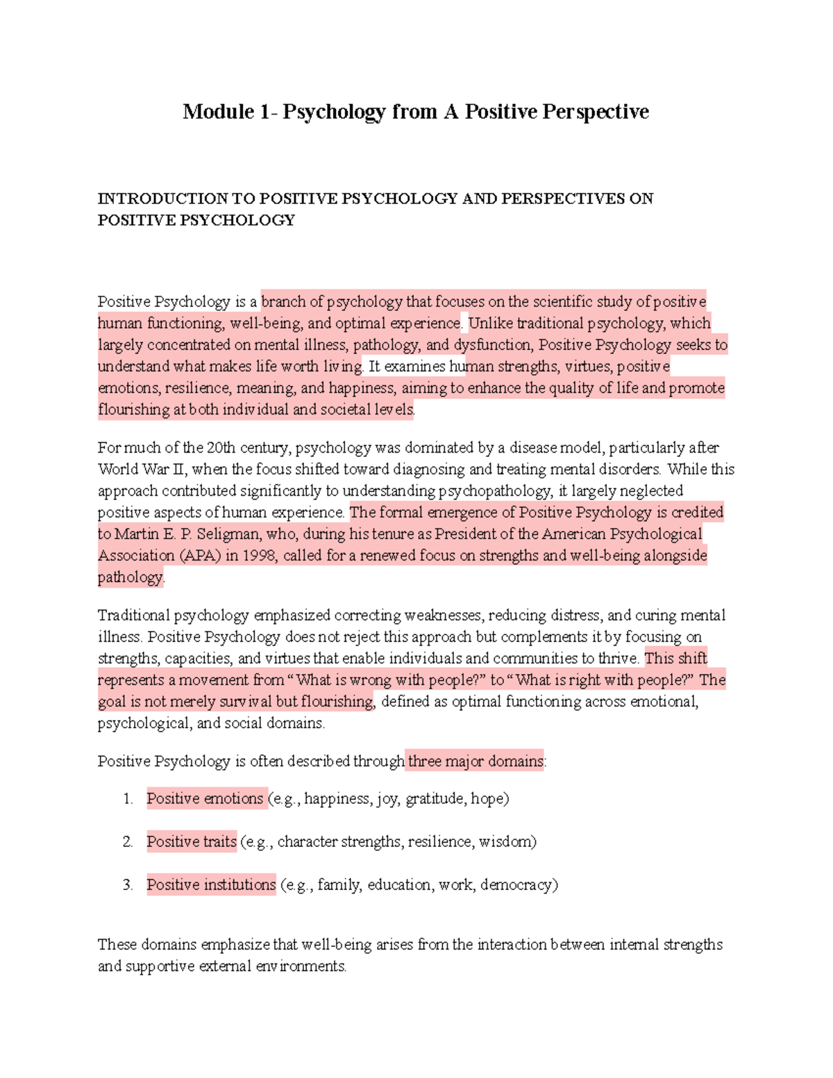 Module 1: Introduction to Positive Psychology and Perspectives - Studocu