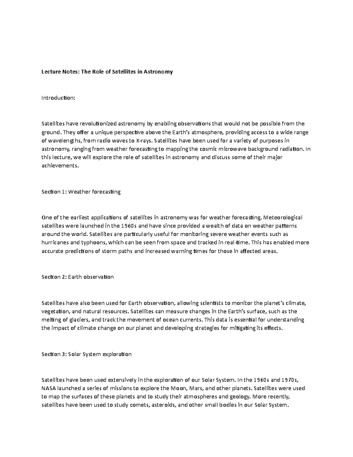 Lecture Notes: The Role of Satellites in Astronomy - Lecture Notes: The ...