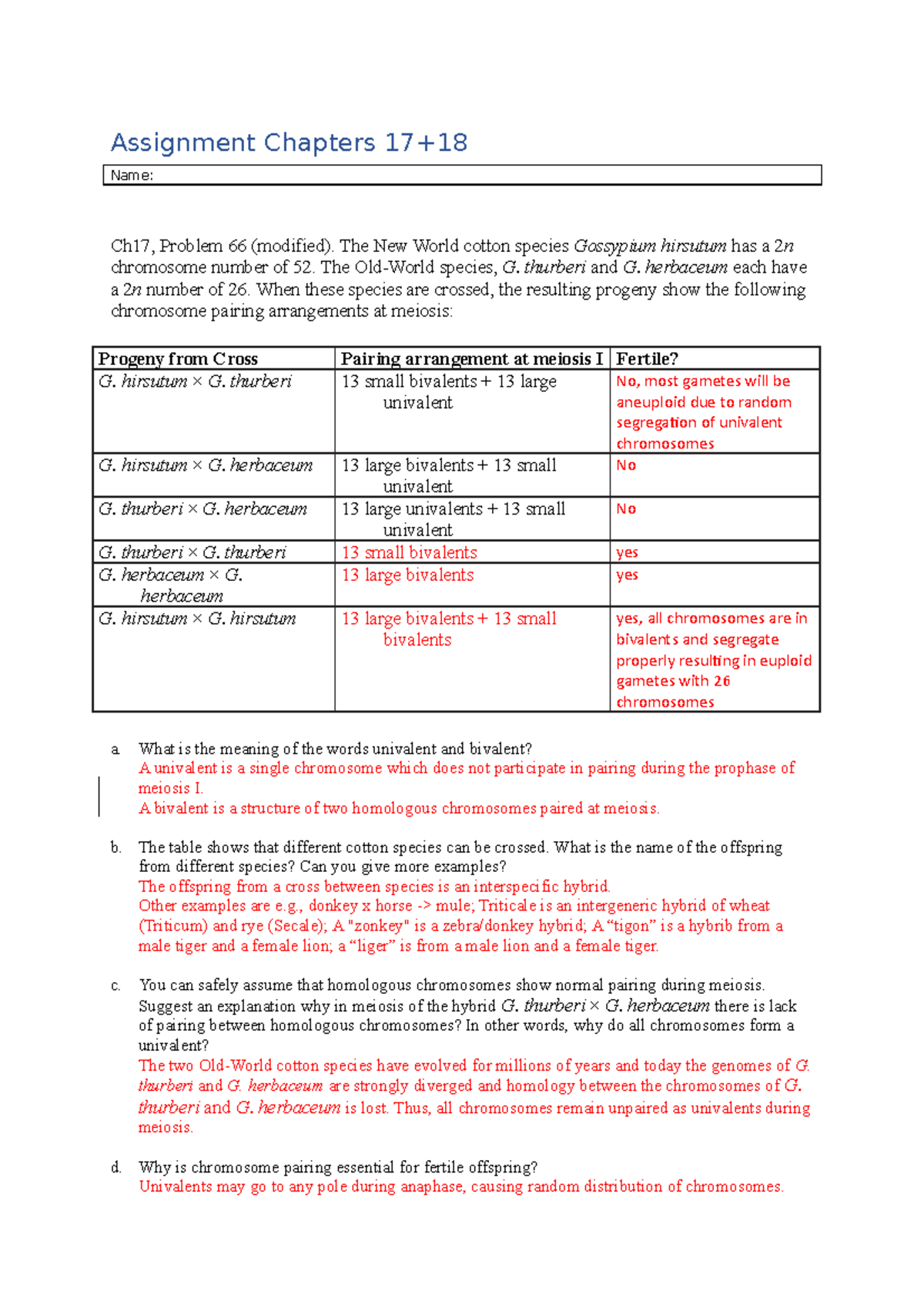 Assignment Answers for Chapters 17 & 18 (Biology 101) - Studeersnel