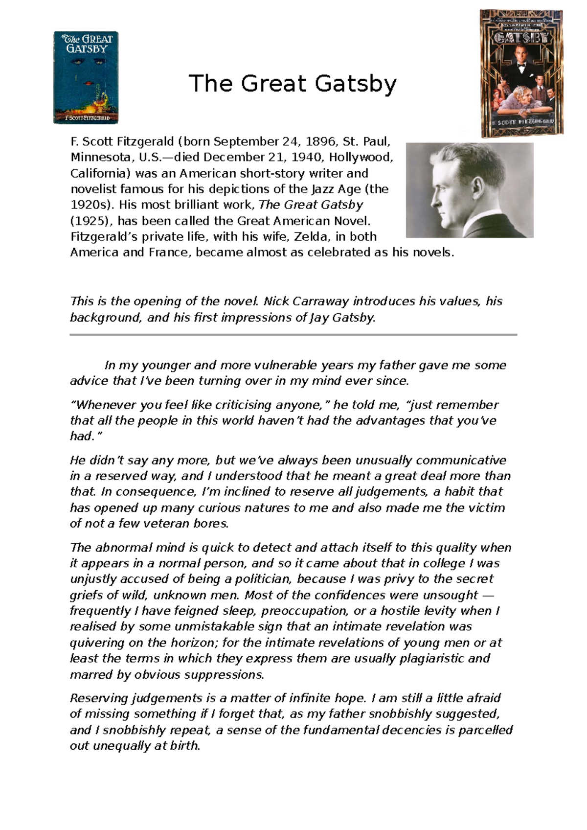 Great Gatsby - Theatre Analysis and Characterization Notes - Studocu