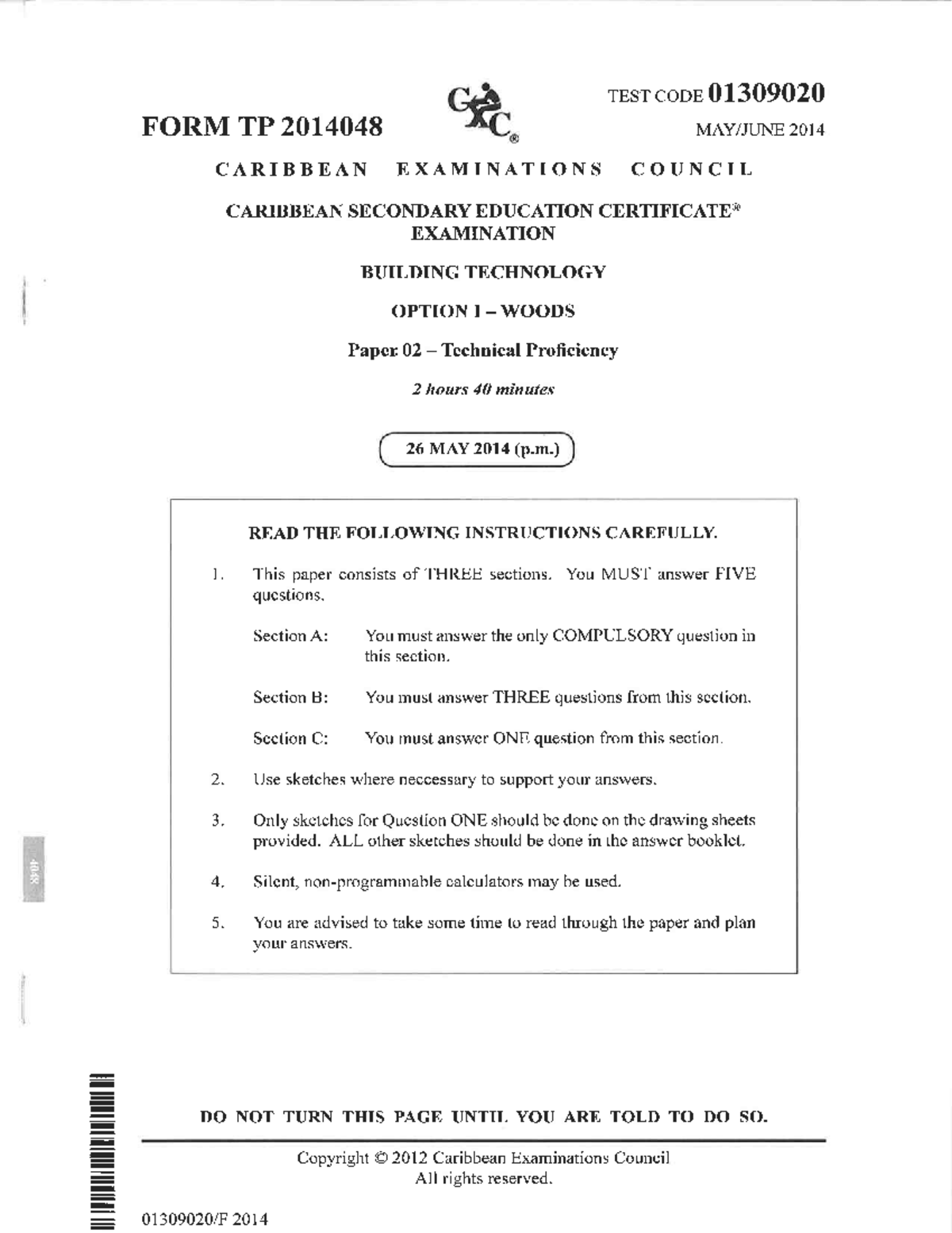 Building Technology CSEC 2014 Past Paper - Paper 02 (Technical ...