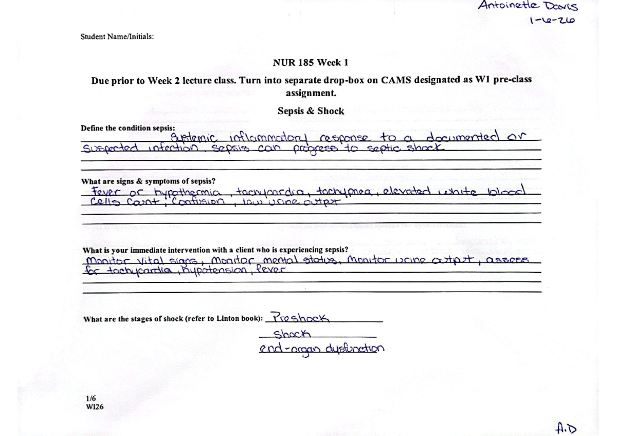 NUR 185 Week 1 Assignment: Understanding Sepsis and Shock - Studocu