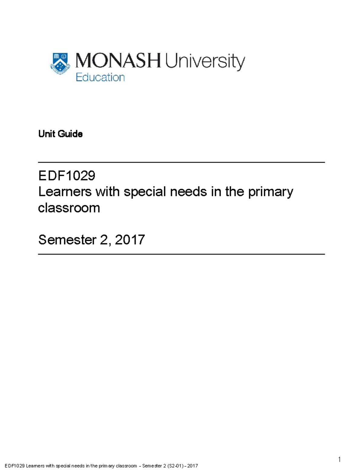 Unit Guide EDF1029: Supporting Learners with Special Needs in Primary ...