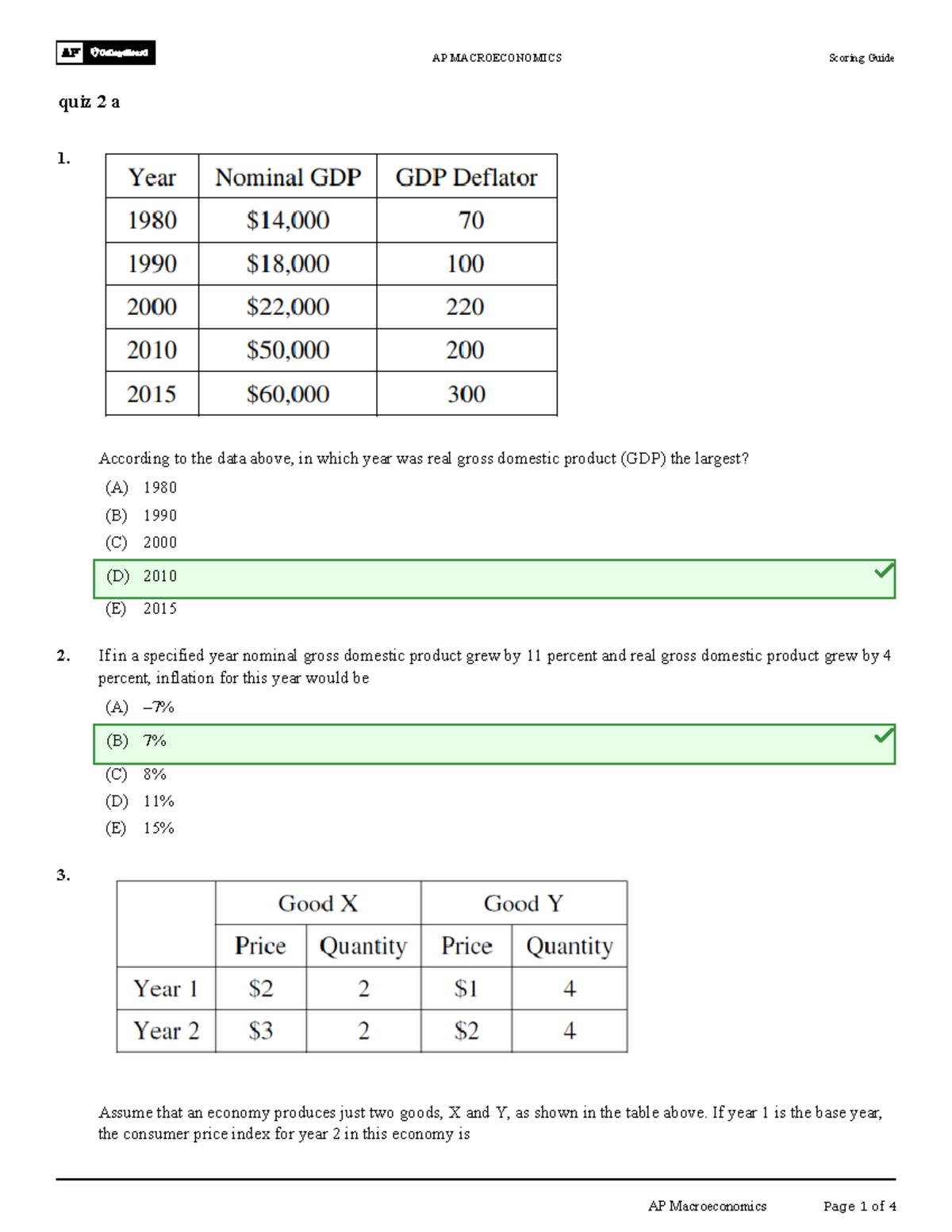 AP Macroeconomics Quiz 2A: GDP, CPI, and Economic Welfare Concepts ...