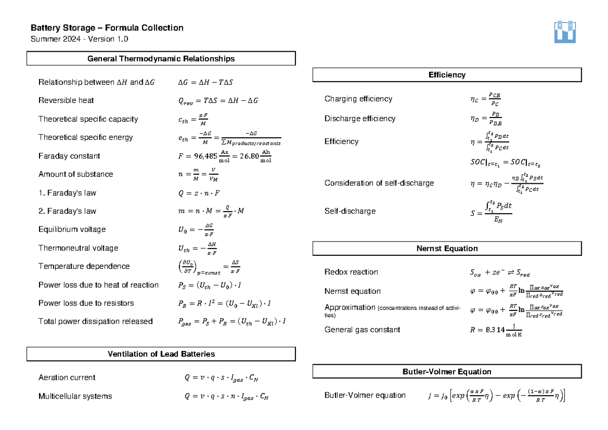 Battery Storage Formulas and Thermodynamic Principles - V1 - Studocu