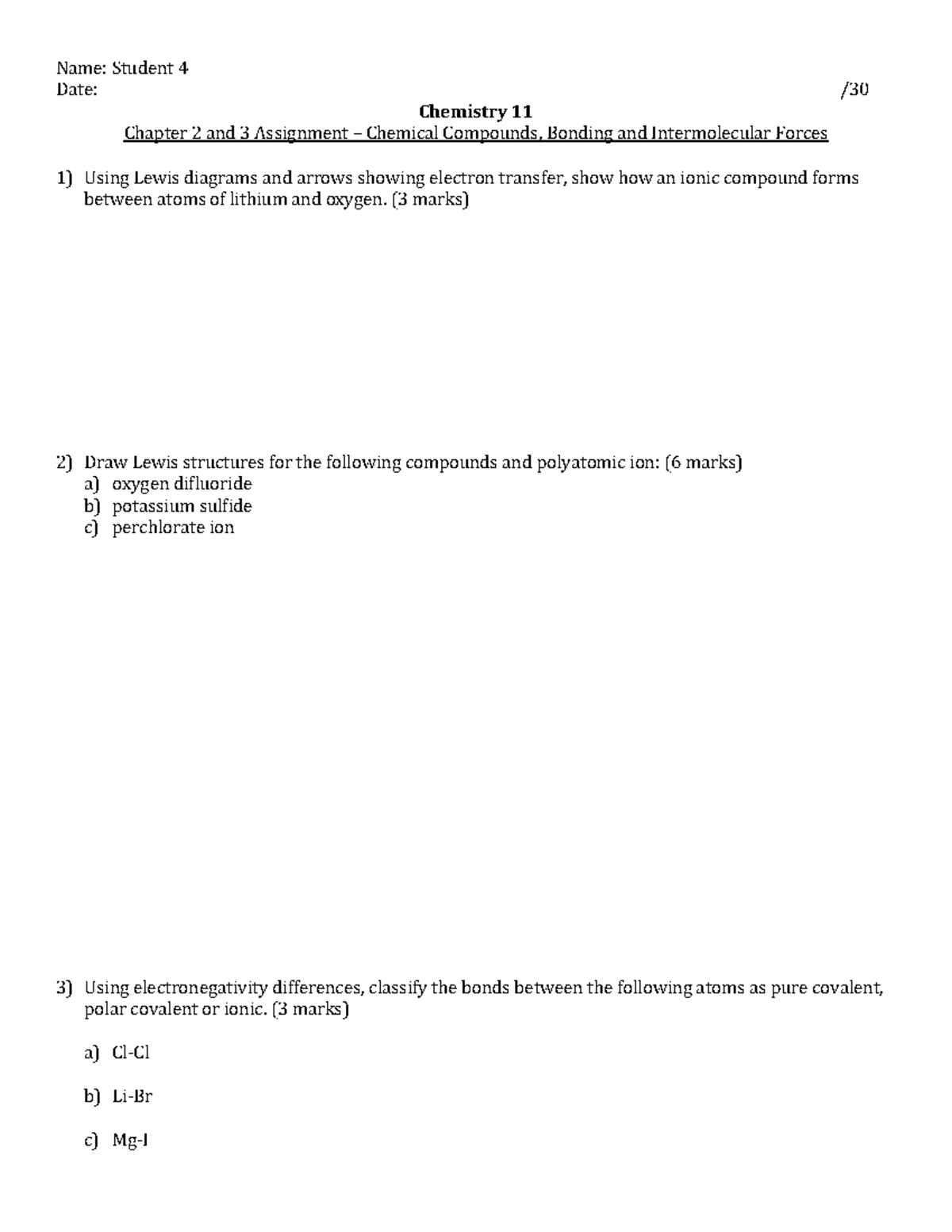 Chemistry 11 Chapter 2-3 Practice Assignment on Compounds & Bonding ...