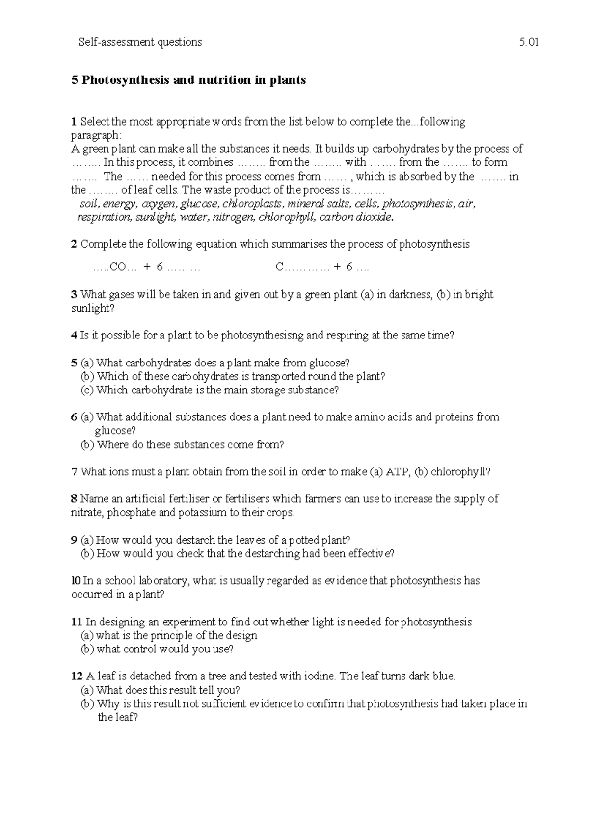 FORM-1 Photosynthesis Questions and Answers for Study - Studocu