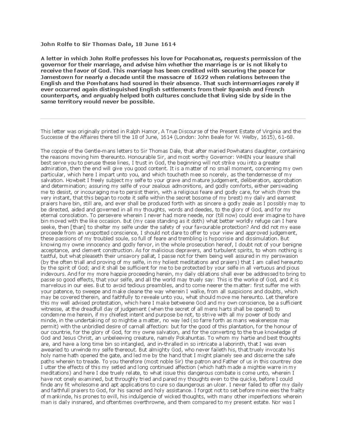 John Rolfe's 1614 Letter to Sir Thomas Dale: Love & Marriage Proposal ...