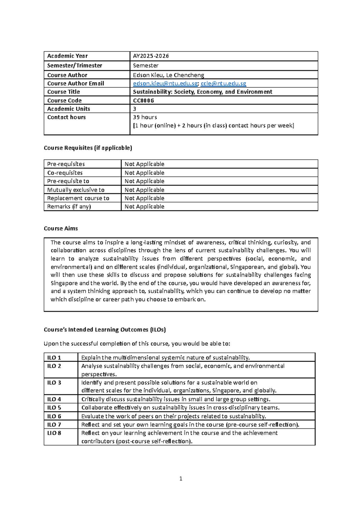 CC0006 AY25-26 Course Outline: Sustainability in Society, Economy, & Environment - Studocu