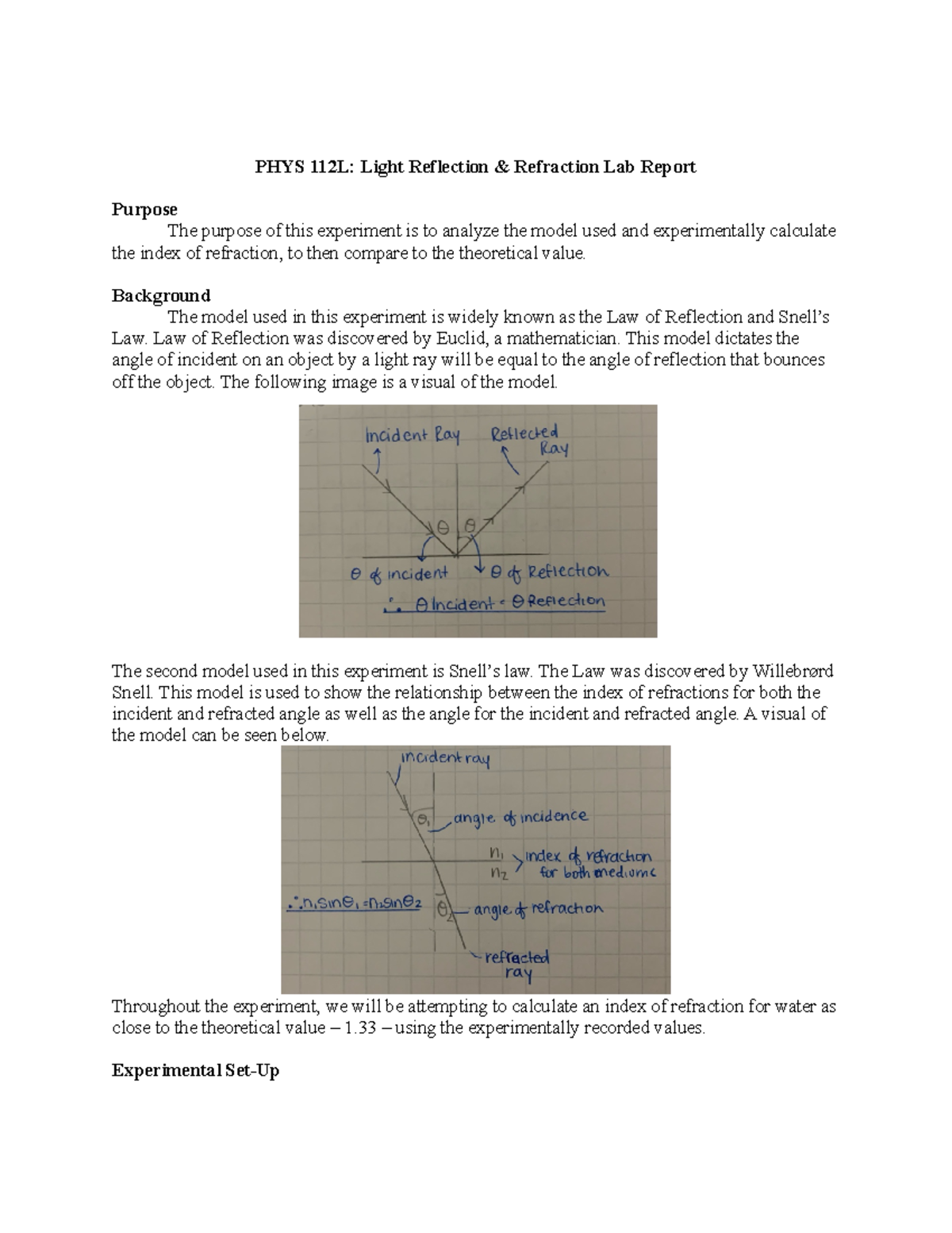 PHYS 112L: Lab Report on Light Reflection & Refraction Analysis - Studocu