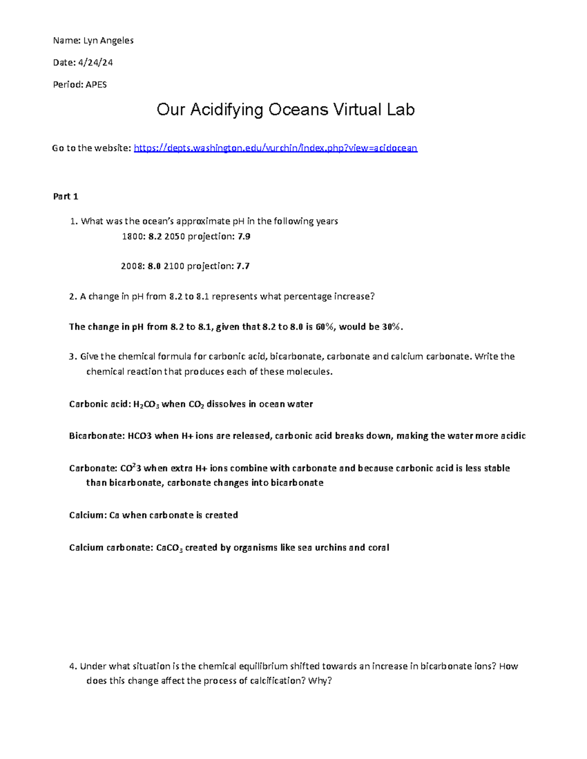 APES Ocean Acidification Virtual Lab Report and Analysis - Studocu