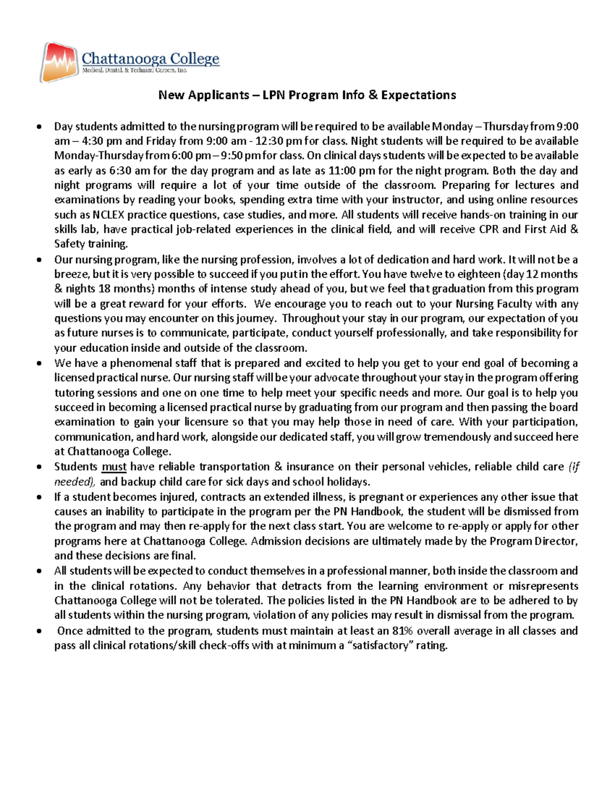 LPN Program Info & Expectations for Day/Night Students at Chattanooga ...