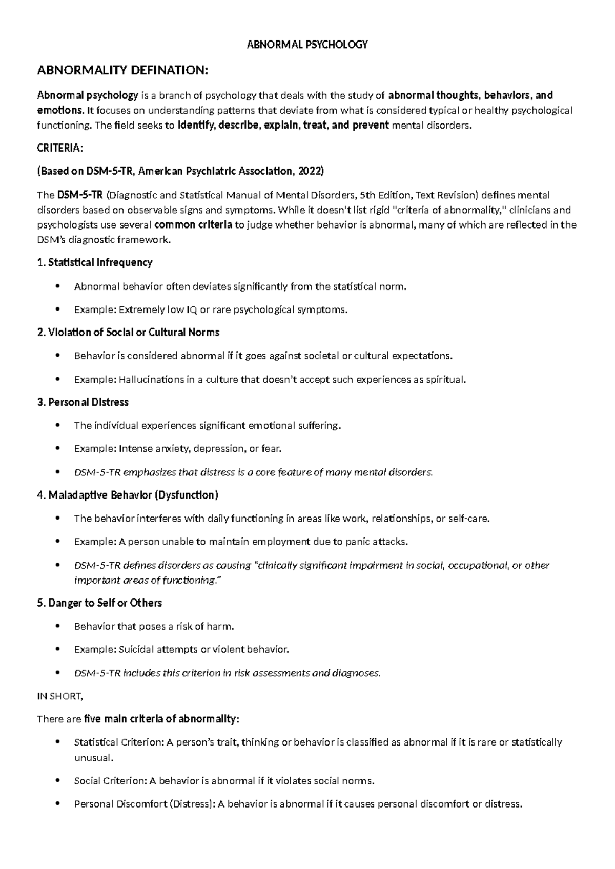ABNORMAL PSYCHOLOGY: DEFINING ABNORMALITY AND CLASSIFICATION CRITERIA ...