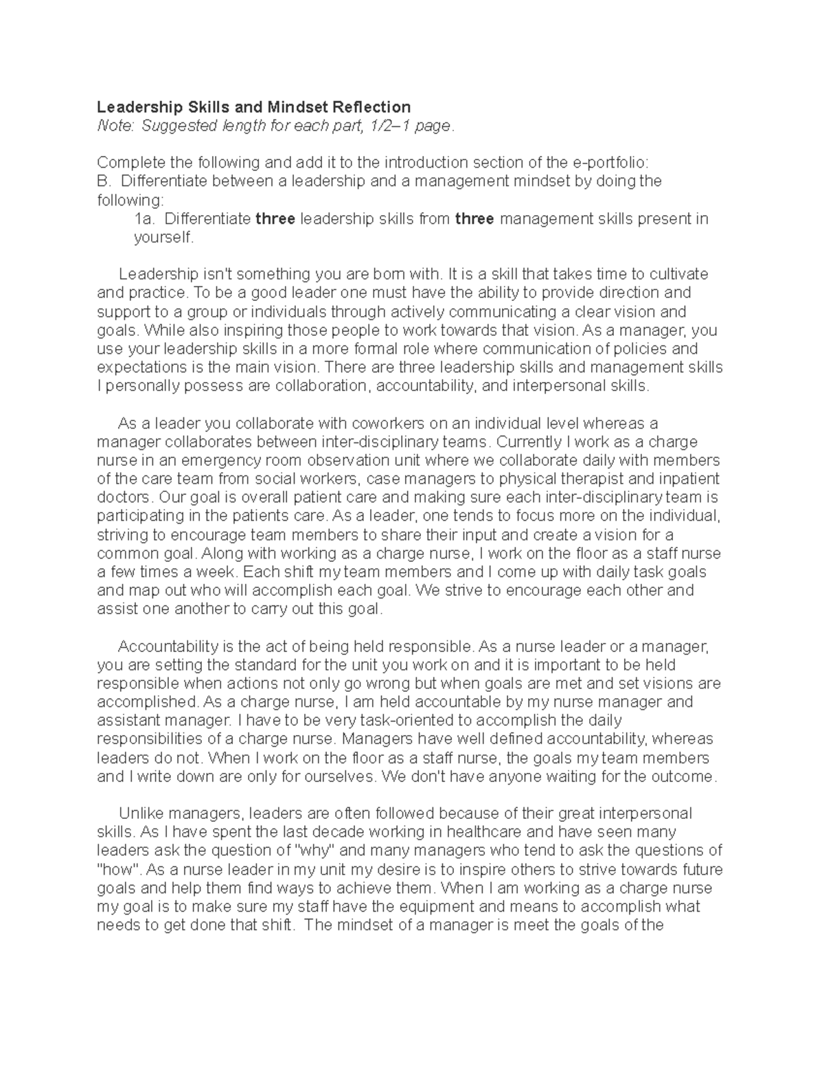 Leadership Skills and Mindset Reflection - Complete the following and ...