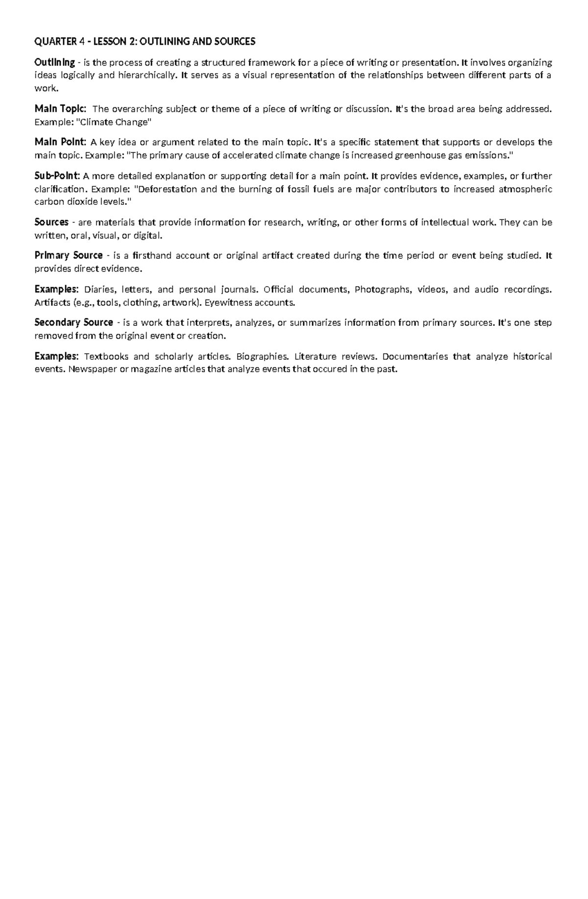 Lecture 2 - english 8 - QUARTER 4 - LESSON 2: OUTLINING AND SOURCES ...