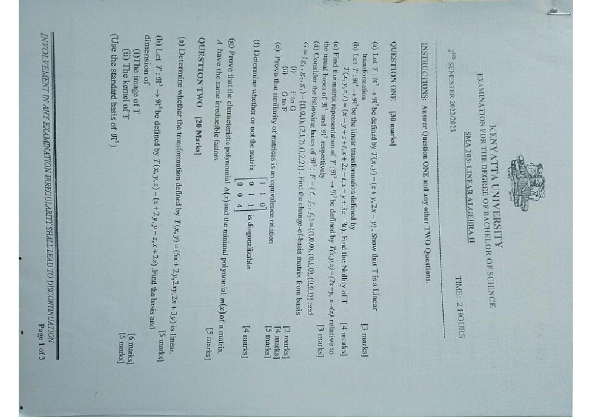 SMA 203: Linear Algebra II - Past Exam Papers and Notes - Studocu