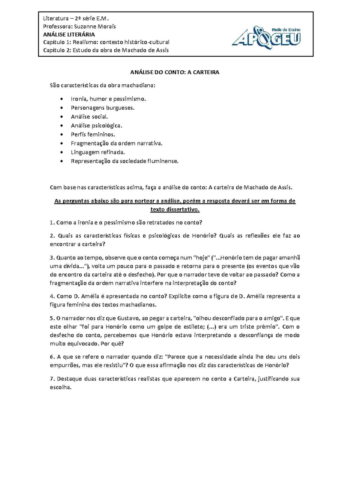 AT - Análise Literária: O Conto "A Carteira" de Machado de Assis - Studocu
