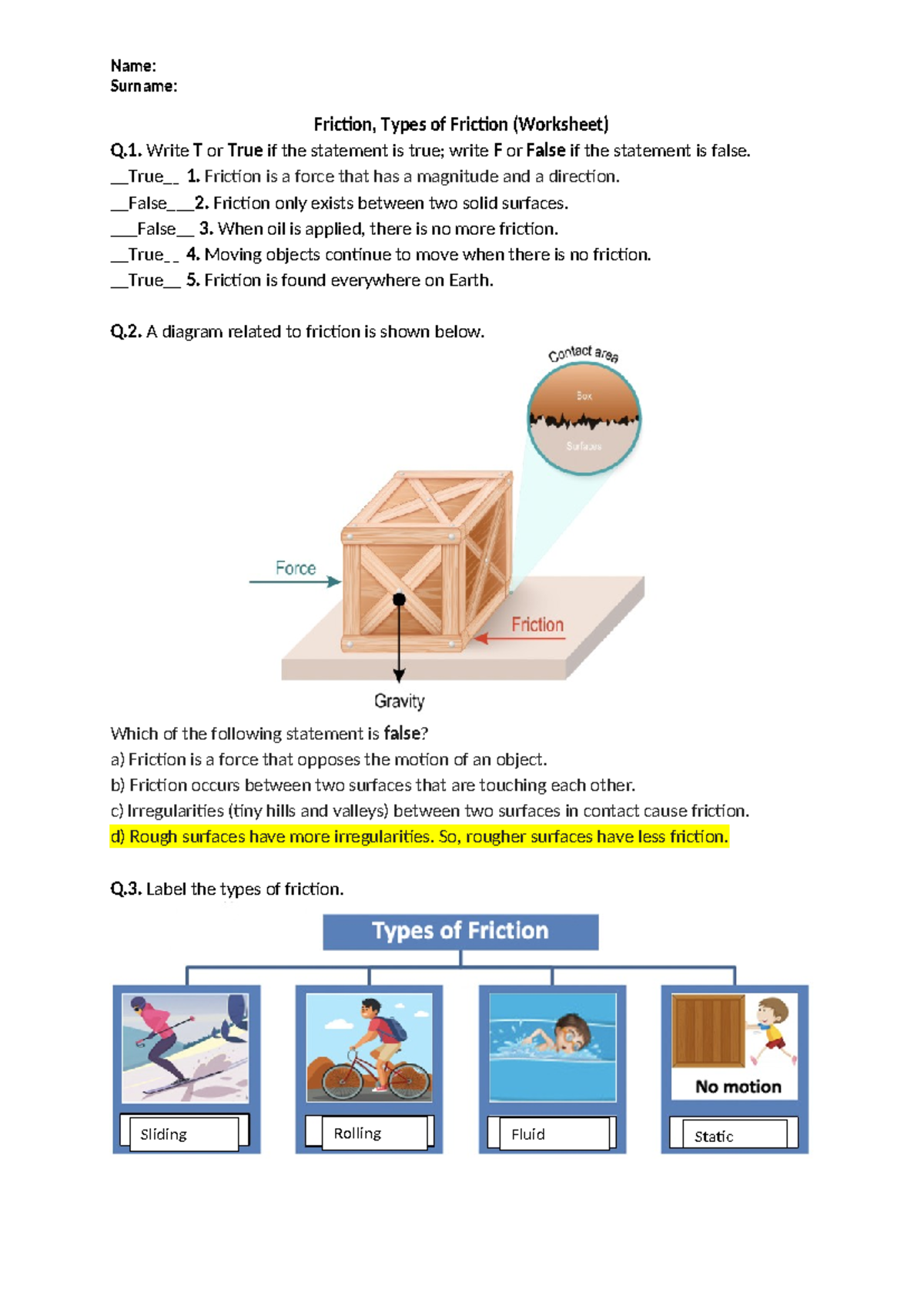 Friction Types of Friction Worksheet - Surname: Friction, Types of ...