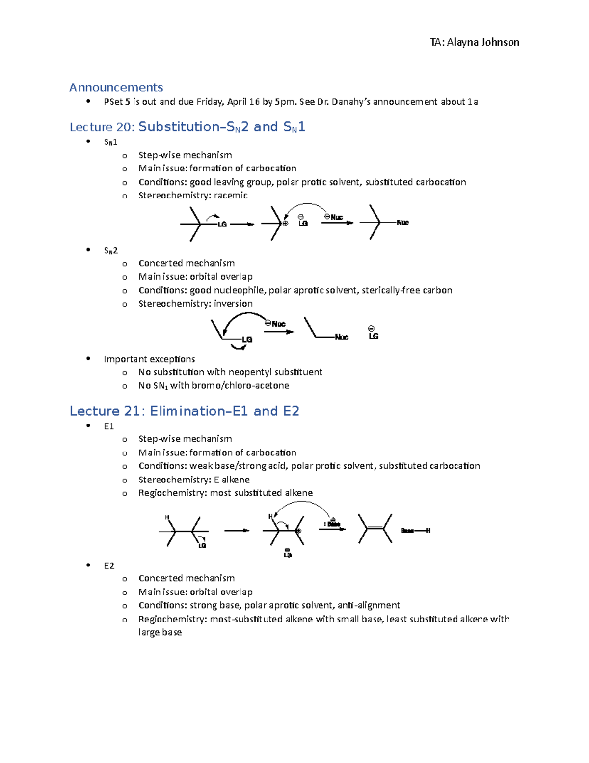 Lecture Notes: SN1, SN2, E1, E2 Mechanisms (Chem 101) - Studocu