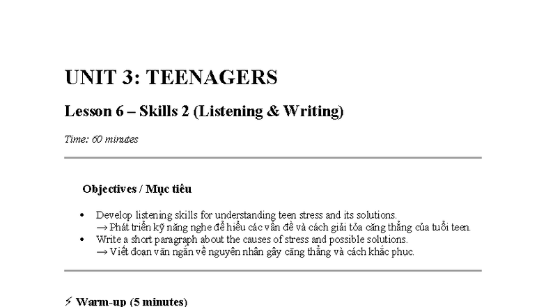 UNIT 3: TEENAGERS Skills 2 & Revision Overview - Studocu