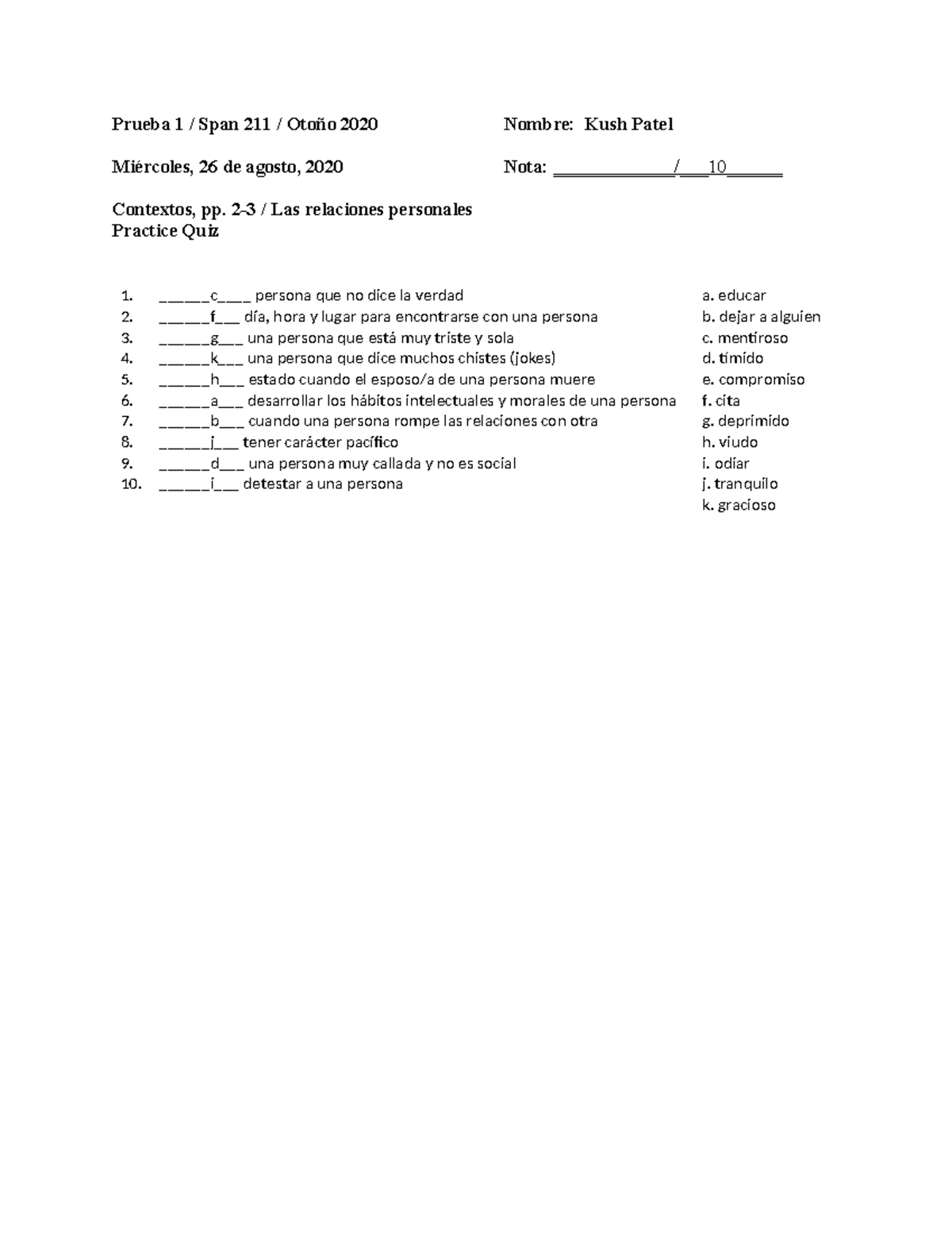 Prueba 1-Contextos, pp. 2-3-Las relaciones personales (practice quiz ...
