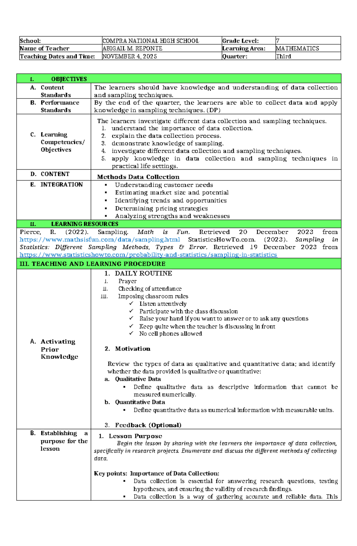 Daily Lesson Plan for Grade 7 Mathematics (Nov. 4, 2025) - Studocu