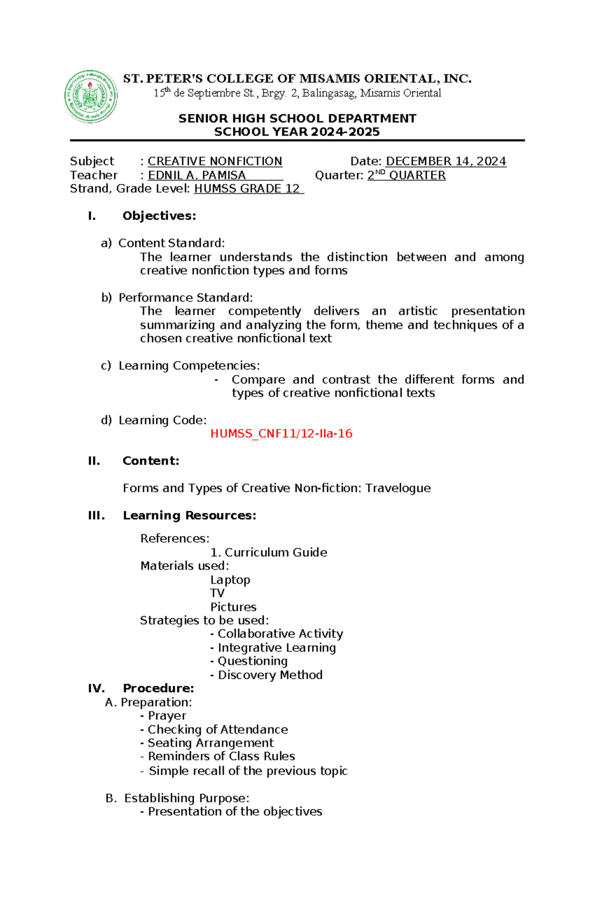 HUMSS G12: CNF Lesson Plan on Creating Travelogues - Studocu