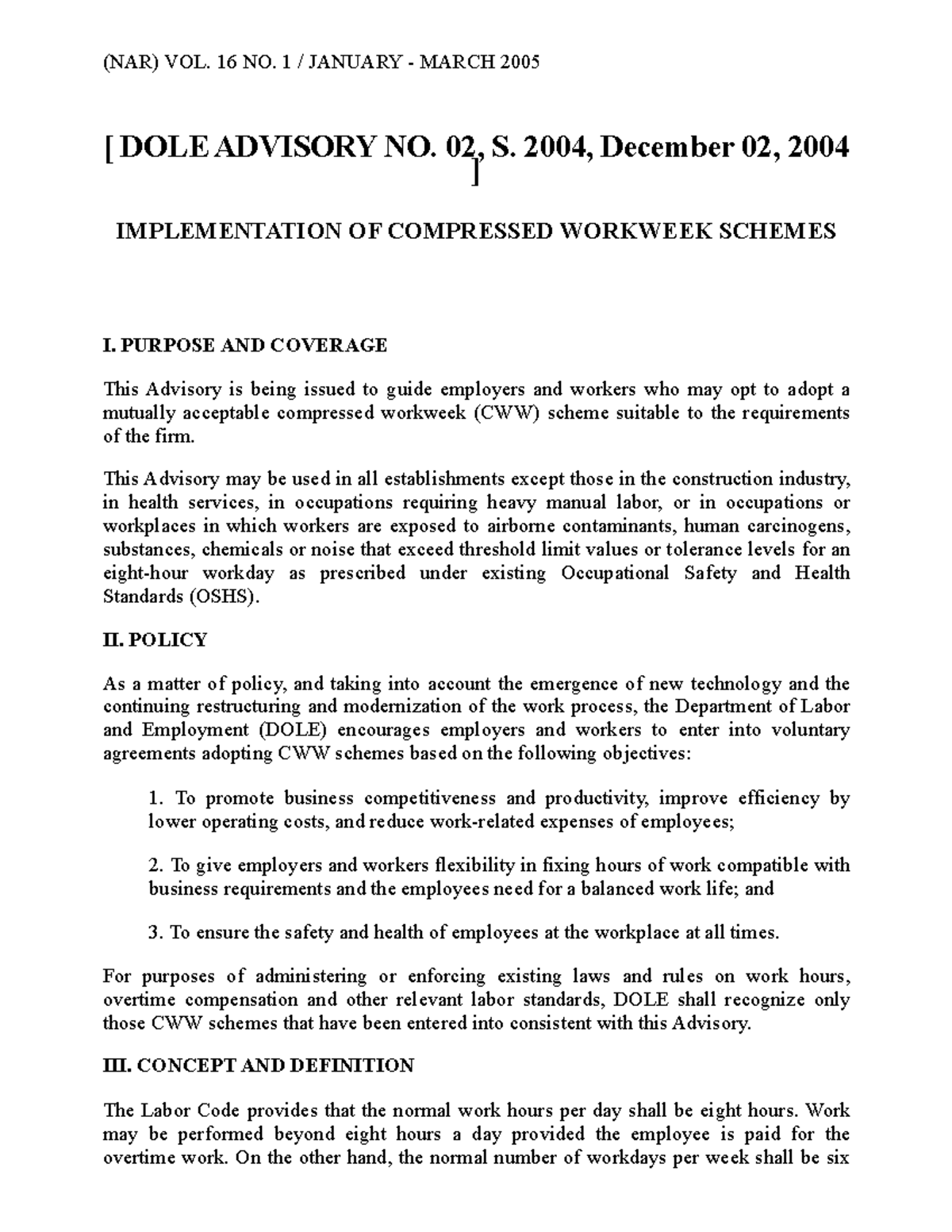LAW - DOLE Advisory No. 02, S. 2004: Compressed Workweek Schemes - Studocu
