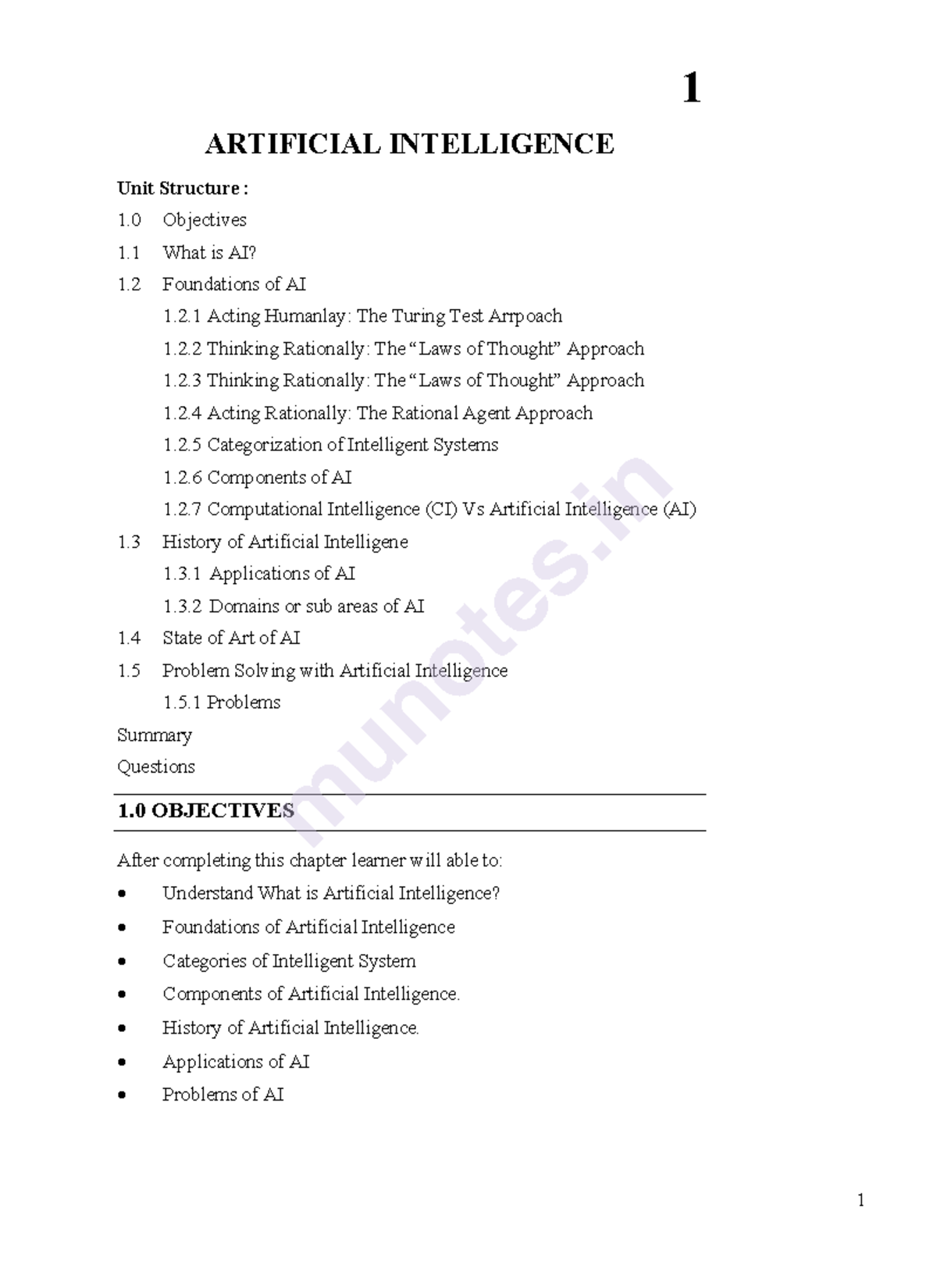 CS Sem 5 Artificial Intelligence munotes - 1 ARTIFICIAL INTELLIGENCE ...