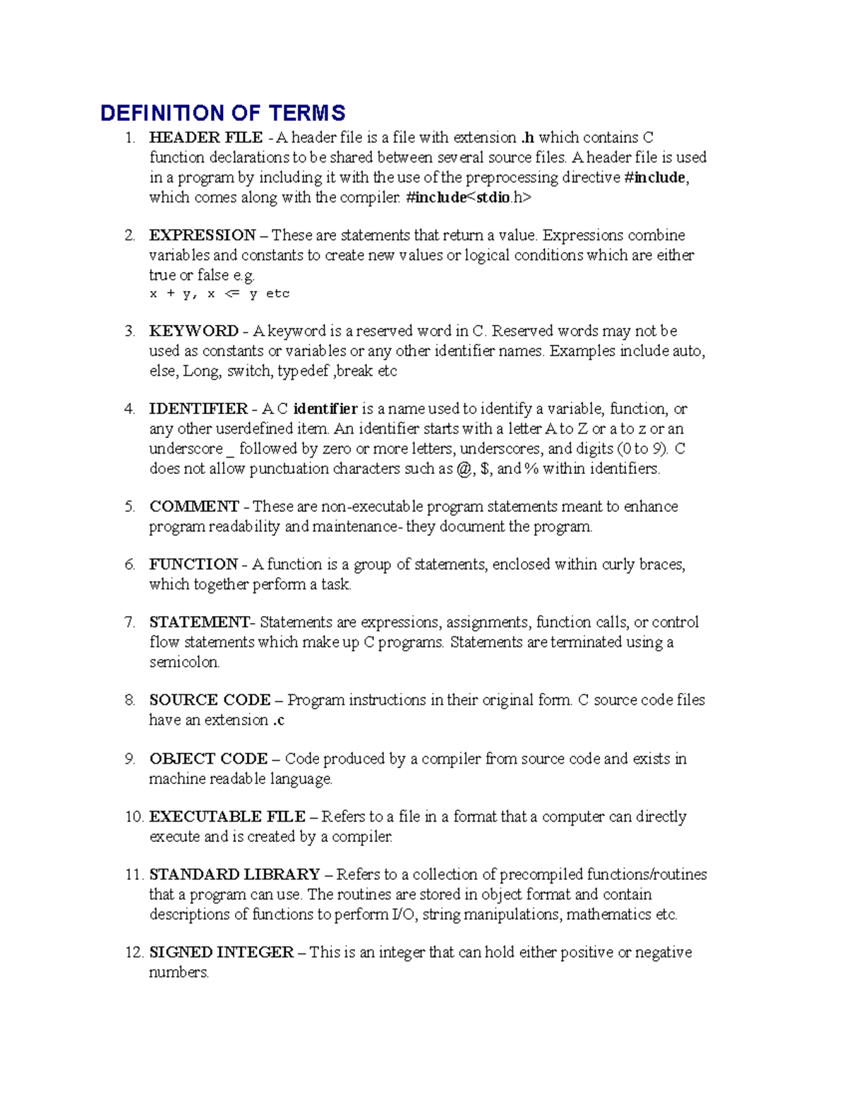 C Programming: Definition of Key Terms and Concepts - Studocu