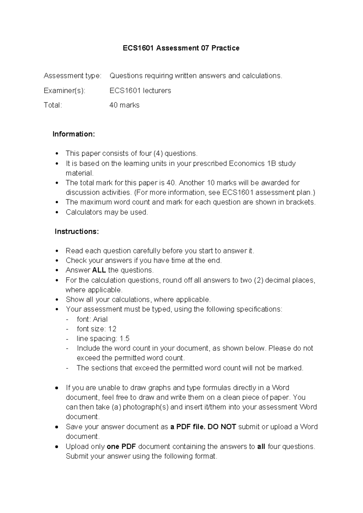 ECS1601 Assessment 07 Practice Questions & Guidelines S2 2024 - Studocu