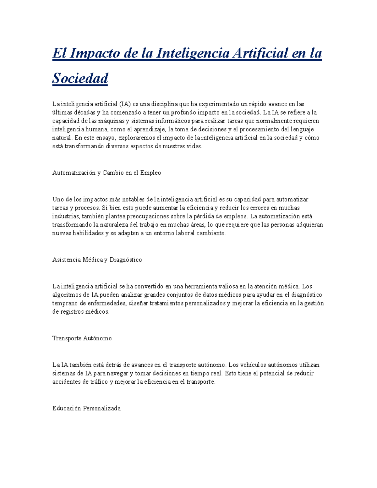 El Impacto de la IA en la Sociedad: Transformaciones y Desafíos - Studocu