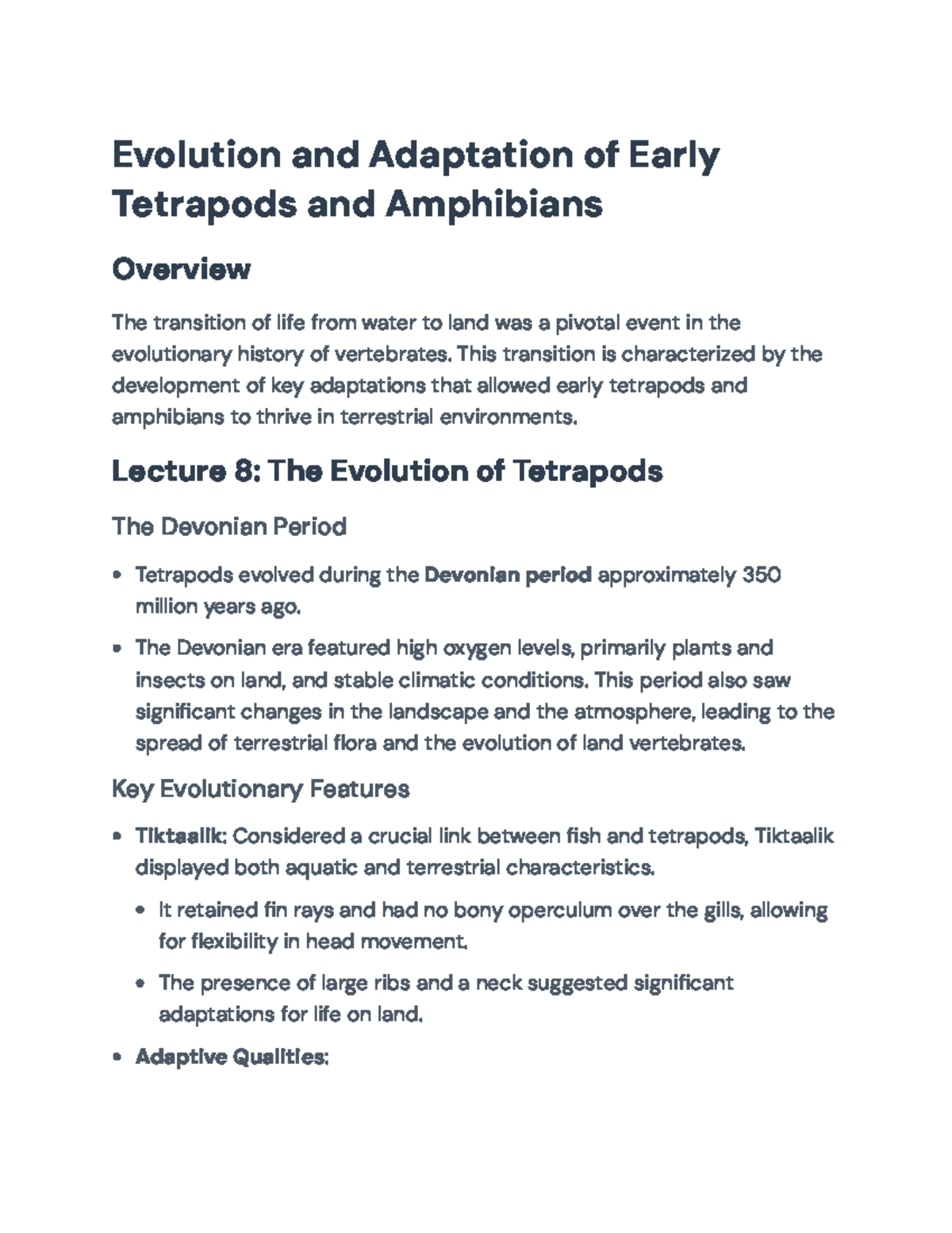 Lecture Notes: Evolutionary Adaptations of Early Tetrapods and ...