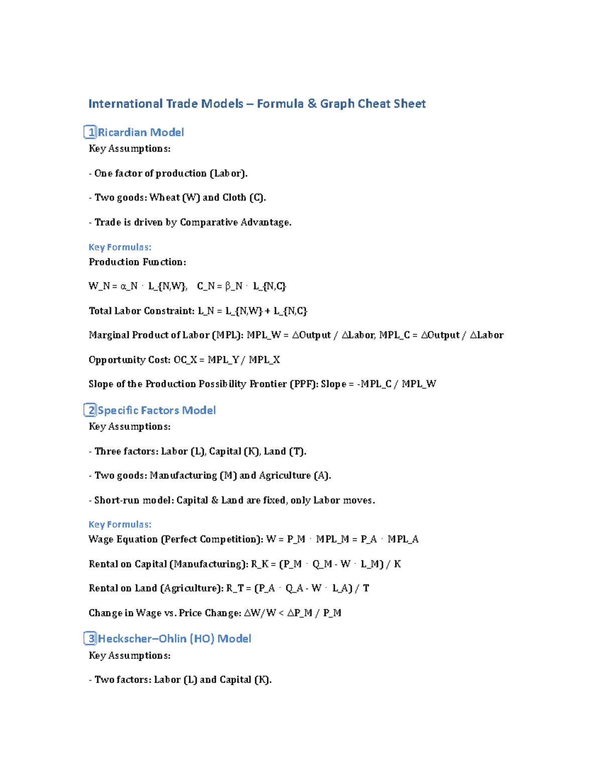 International Trade Models Cheat Sheet: Key Formulas & Graphs - Studocu
