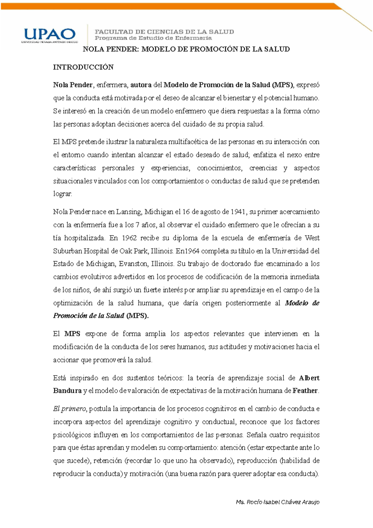 Modelo de Promoción de la Salud de Nola Pender: Análisis y Reflexiones ...