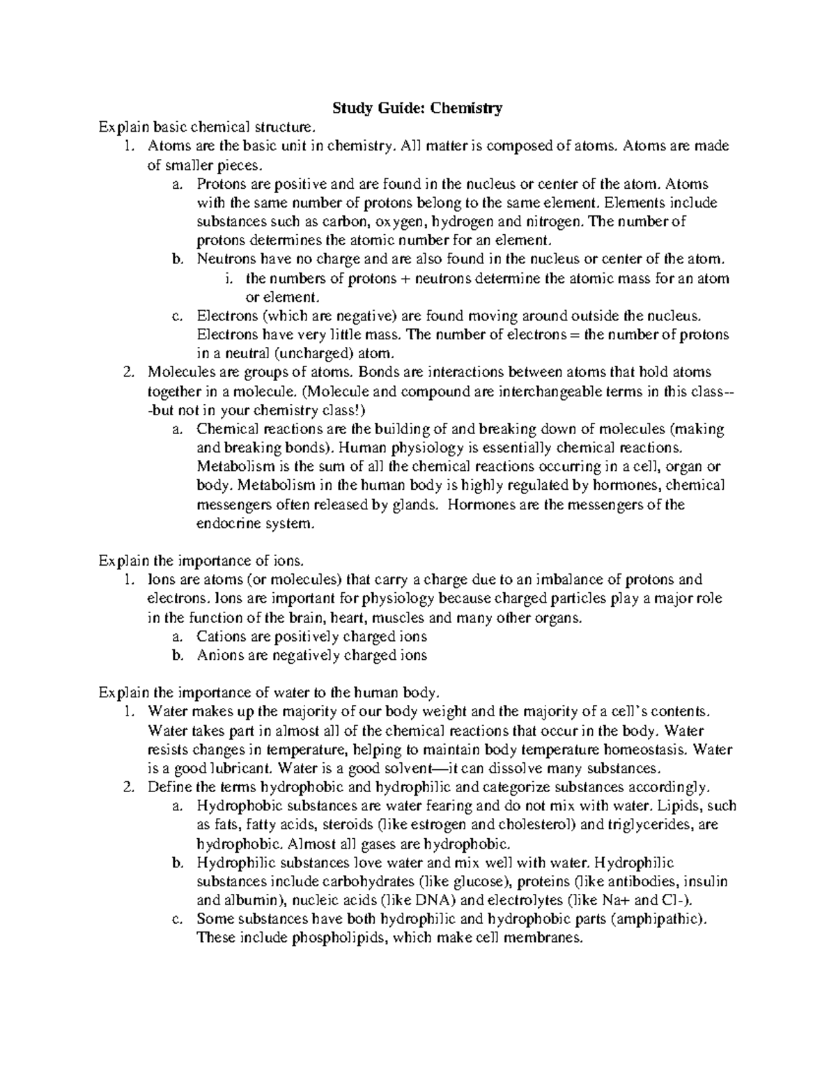 Study Guide: CHEM 101 - Basics of Chemistry for Physiology - Studocu