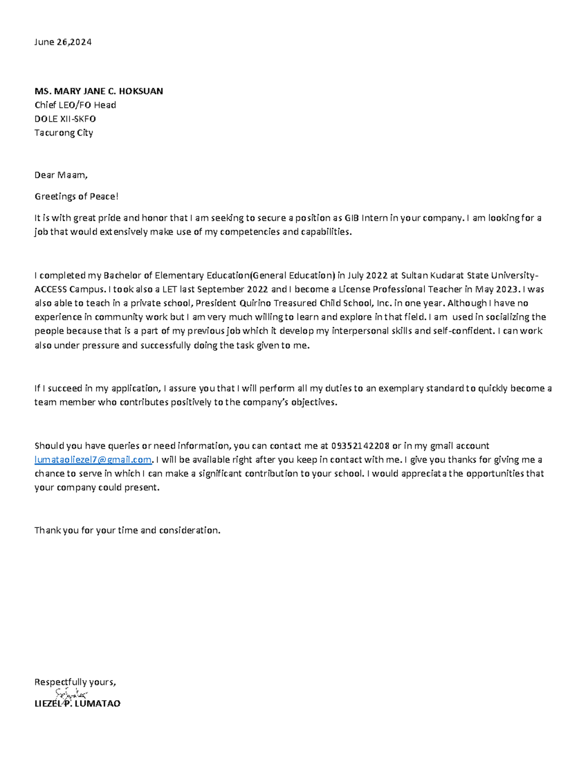 Application Letter-1 - June 26, MS. MARY JANE C. HOKSUAN Chief LEO/FO ...