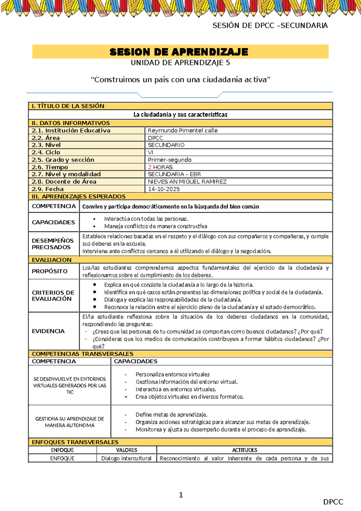 DPCC SESIÓN DE APRENDIZAJE: Ciudadanía y sus Características - UNI 5 - Studocu