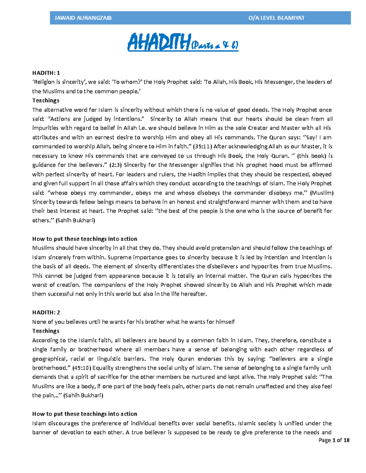 Hadith Teachings in Islamiat Level (JAWAID AURANGZAIB) - Studocu
