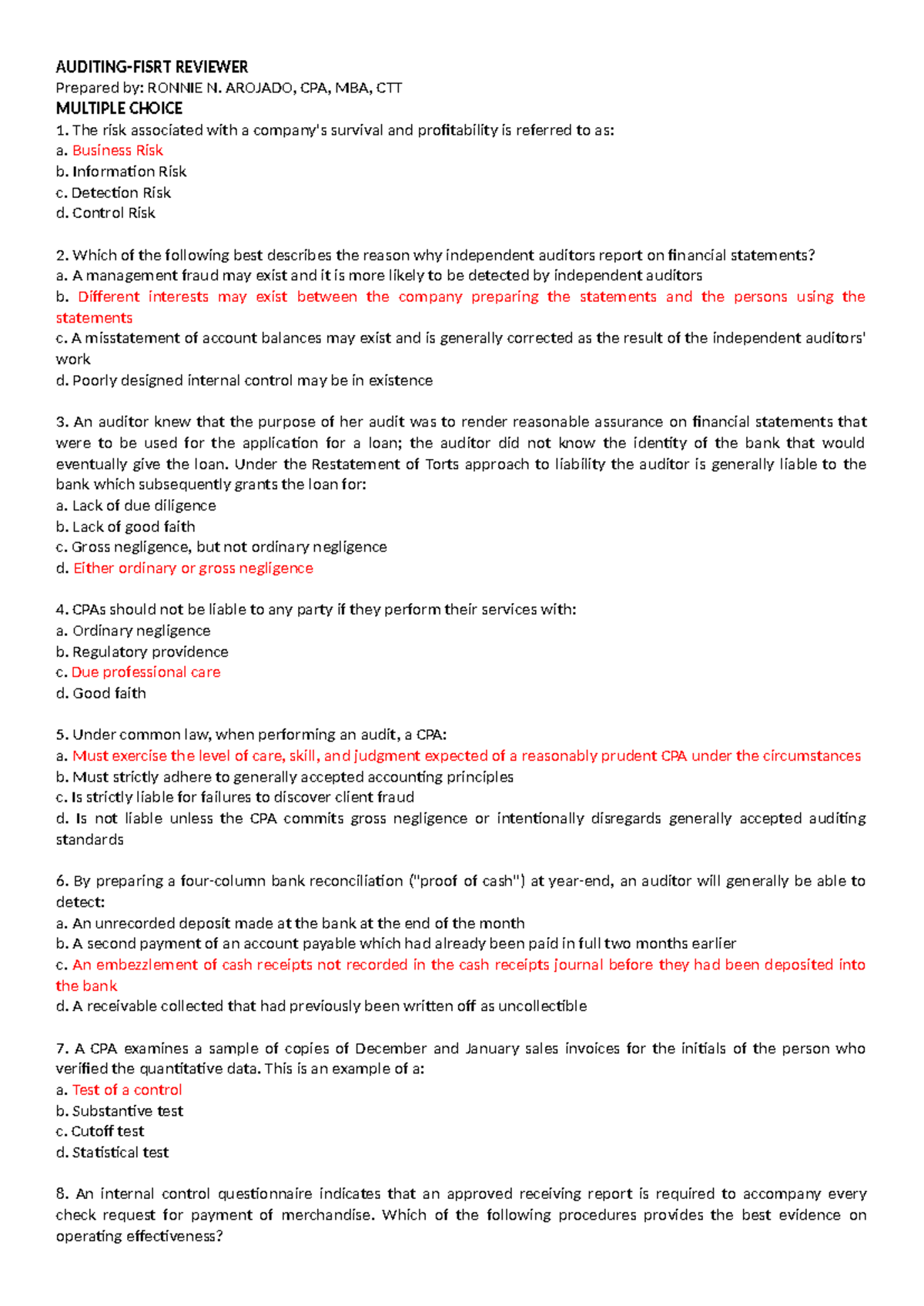 INTG414 Auditing Reviewer: Multiple Choice Questions and Answers - Studocu