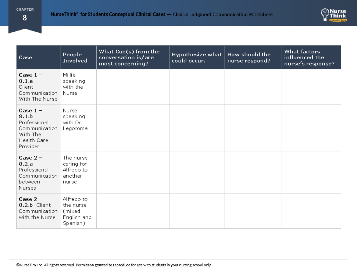 Clinical Judgment Communication Chapter 8 Student Worksheet (2) - 8 ...