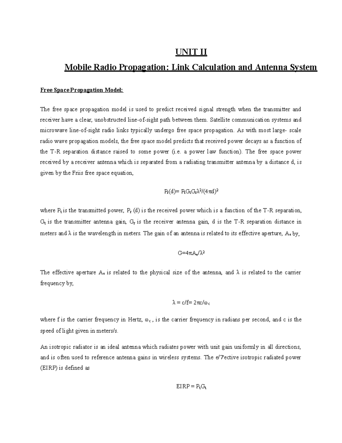 WCN UNIT II: Mobile Radio Propagation & Link Calculation Overview - Studocu