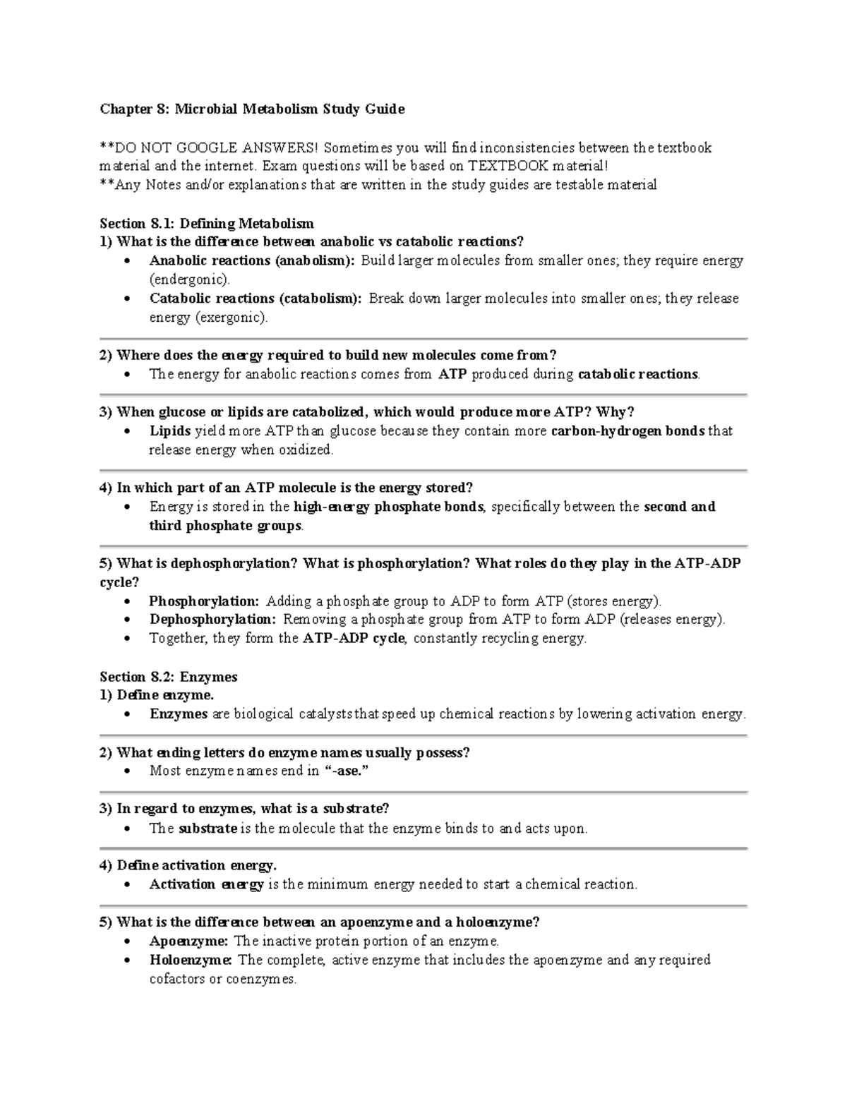 Chapter 8: Microbial Metabolism Study Guide for Exam 2 - Studocu