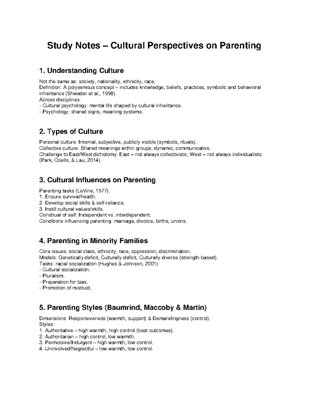 Cultural Perspectives on Parenting: Study Notes for PSY 101 - Studocu