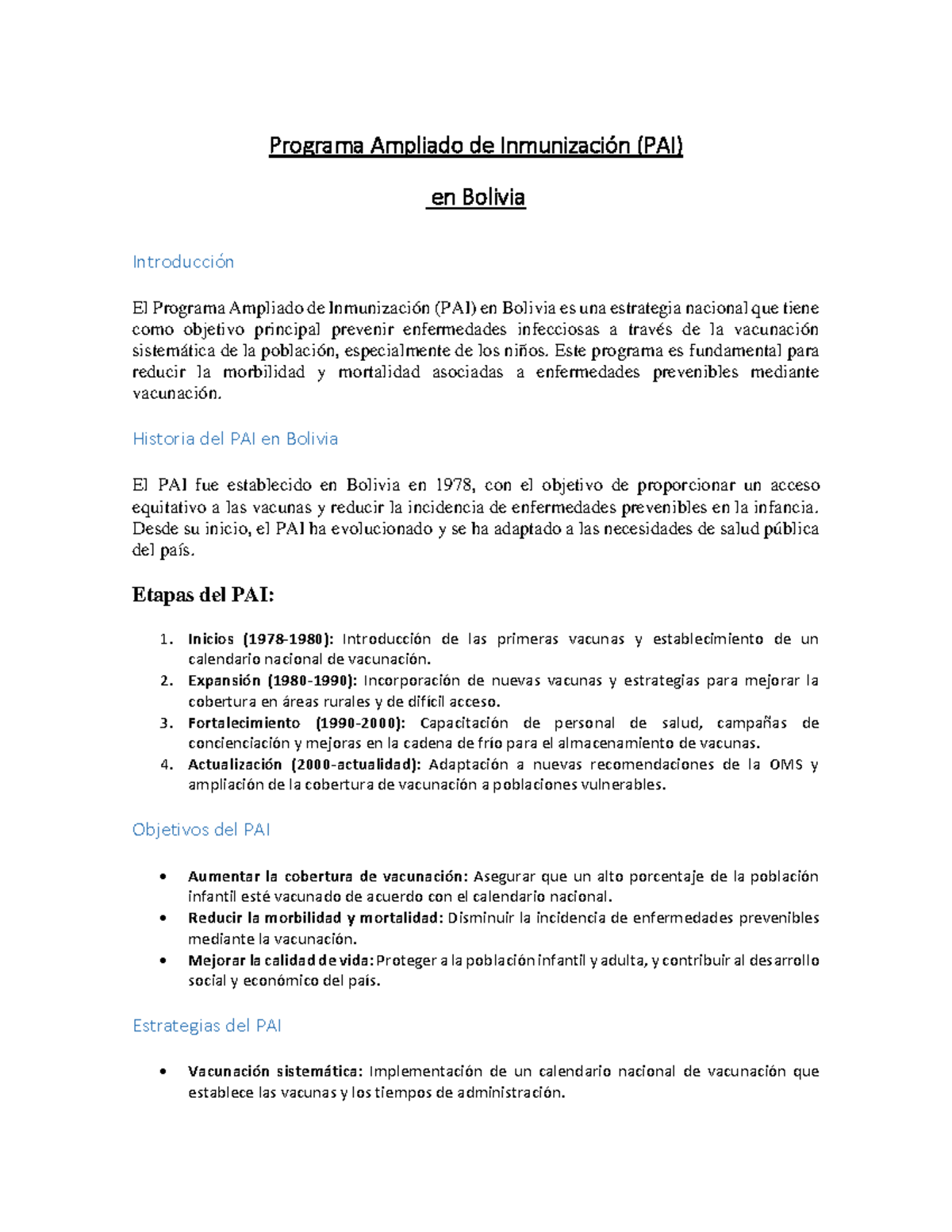 TEMA 19: Programa Ampliado de Inmunización (PAI) en Bolivia - Studocu