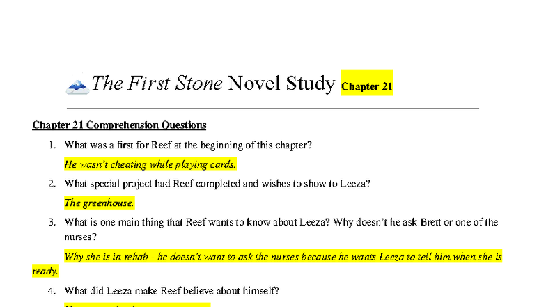 The First Stone Novel Study: Chapter 21 Comprehension Questions - Studocu
