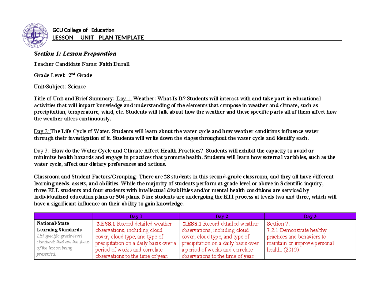 3 day unit plan assignment - Section 1: Lesson Preparation Teacher ...